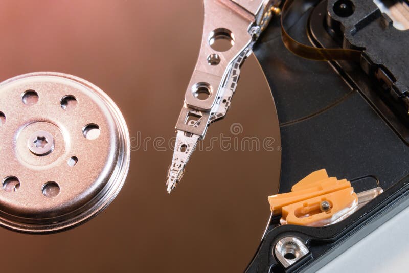 Hard Disk Drive Inside, Toned, Closeup Magnetic Head and Disk Surface ...