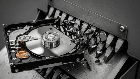 A Computer Hard Drive is Being Destroyed by an Industrial Shredder ...