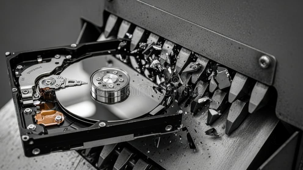 A Computer Hard Drive is Being Destroyed by an Industrial Shredder ...