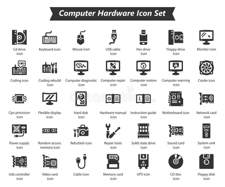 Computer Hardware Black Icon Set Stock Vector - Illustration of instruction, supply: 353384982