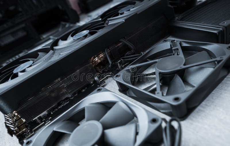 Computer Hardware Components Including Graphic Cards and Cooling Fans ...