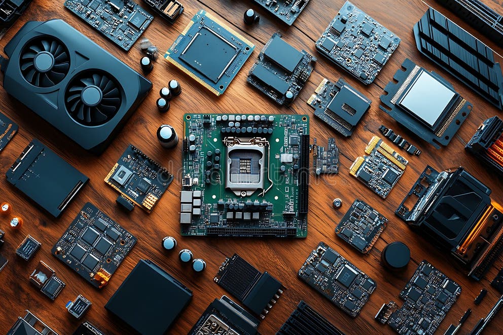 Computer Hardware Components Motherboard, GPU, and CPU on Wooden Desk ...