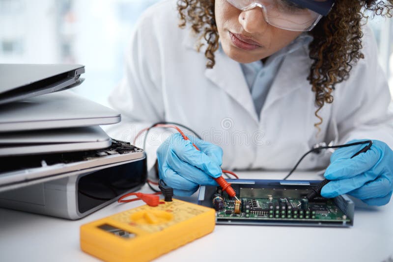 Computer Hardware, Diagnostic and Black Woman Electrician Working on ...