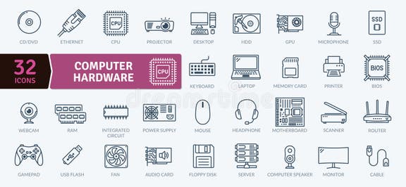 Computer Hardware Icons: PC Components and Peripherals Stock Vector ...