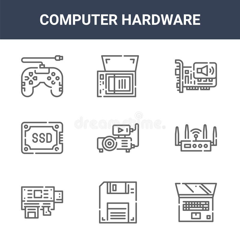 9 Computer Hardware Icons Pack. Trendy Computer Hardware Icons on White ...