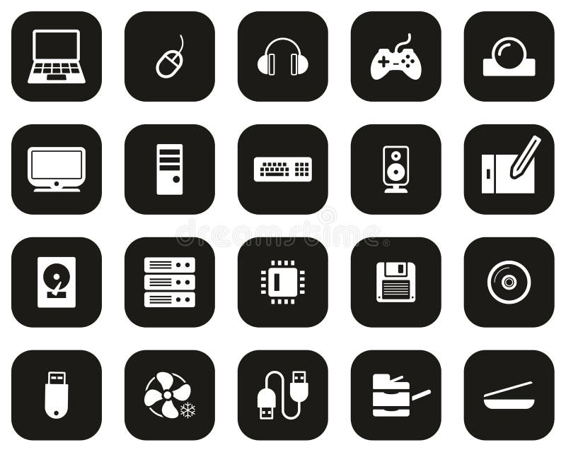 Computer Hardware Icons White on Black Flat Design Set Big Stock Vector ...