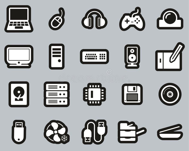 Computer Hardware Icons White on Black Sticker Set Big Stock Vector ...