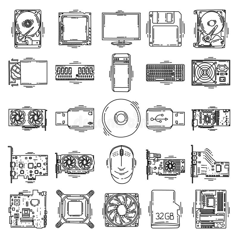 Computer and Hardware Set Icon Vector Doodle Hand Drawn or Outline Icon ...