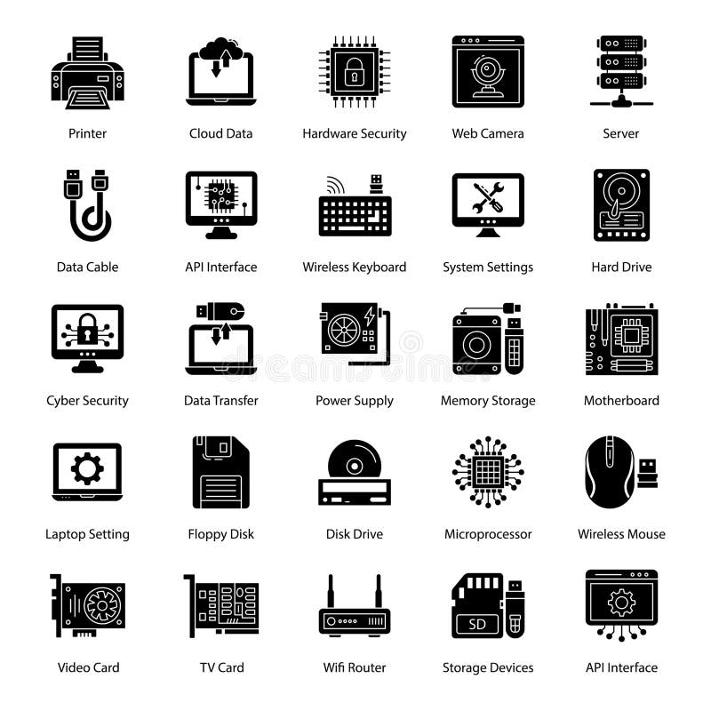 Computer Hardware Solid Vectors Pack Stock Vector - Illustration of ...