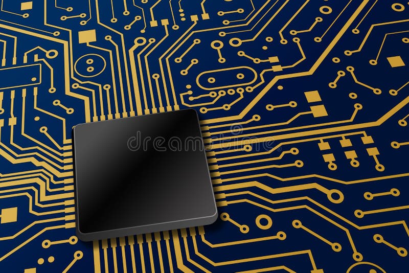 Computer Hardware Technology. Blue Circuit Board with Gold Lines and ...