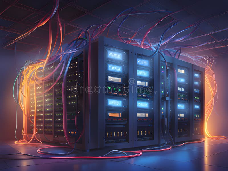 Computer Hardware Technology Concept with Many Neon Lights and Server ...