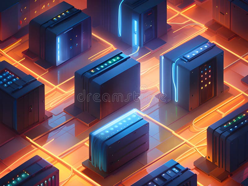 Computer Hardware Technology Concept with Many Neon Lights and Server ...