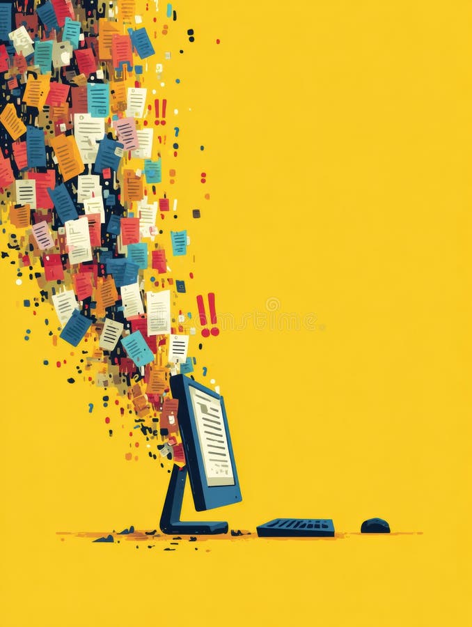 Crashed Computer Surrounded by Flying Files and Exclamation Marks in a ...