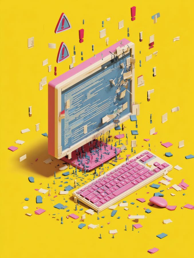 Crashed Computer Surrounded by Flying Files and Warning Signals in a ...