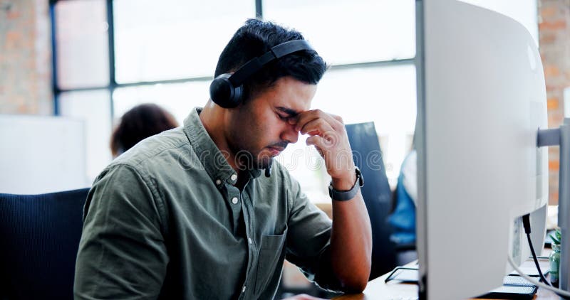 Computer, Headache and Stress with Man in Call Center for Assistance ...