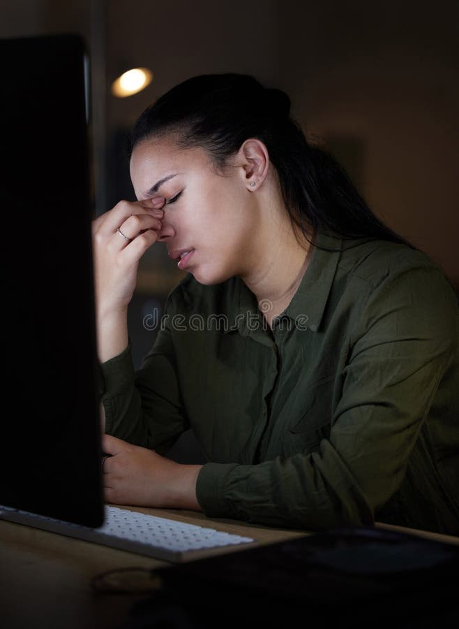 Computer, Headache and Stress by Woman in Office Suffering from Burnout ...