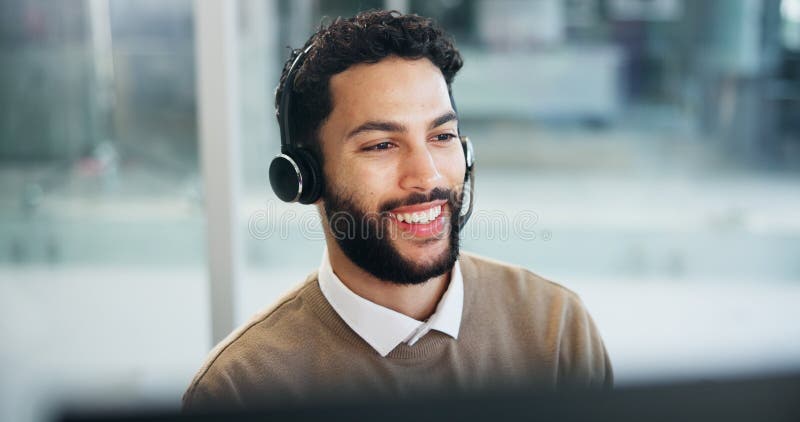 Computer, Headset and Smile with Man in Call Center for Assistance ...