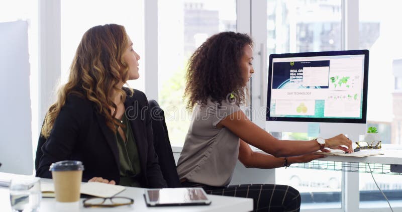 Computer, Help or Women in Office Coworking, Talking or Asking ...