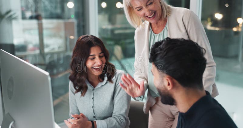 Computer, High Five and Business People in Office for Celebration ...