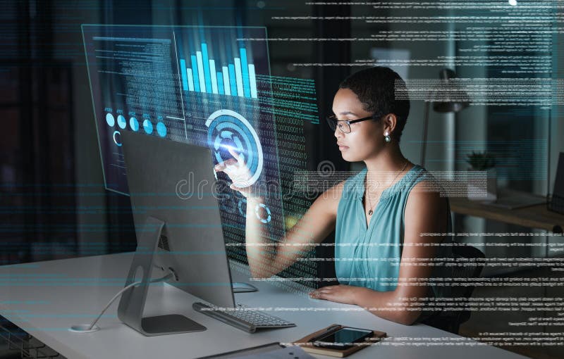 Computer Hologram, Finance or Woman Point at Future Administration ...