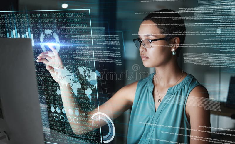 Computer Hologram, Finance or Woman Point at Future Administration ...