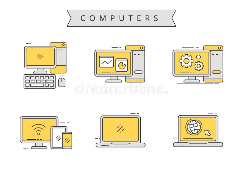Computer Icon Collection Draw in Filled Line Style Stock Vector ...