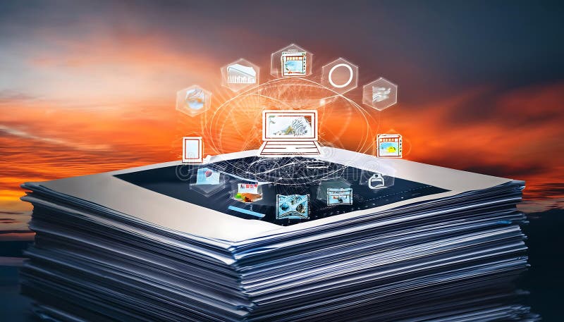 Computer Icons Concept and Icon on Top of a Stack of Paper Stock ...