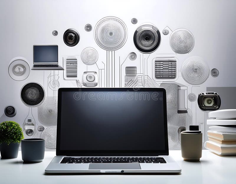 Computer Icons and Copy Space with Laptop on White Background Stock ...