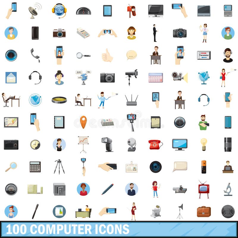 100 Computer Icons Set, Cartoon Style Stock Vector - Illustration of ...