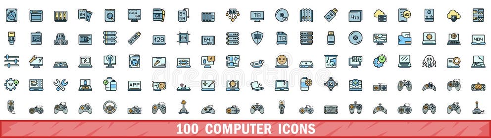 100 Computer Icons Set, Color Line Style Stock Illustration ...