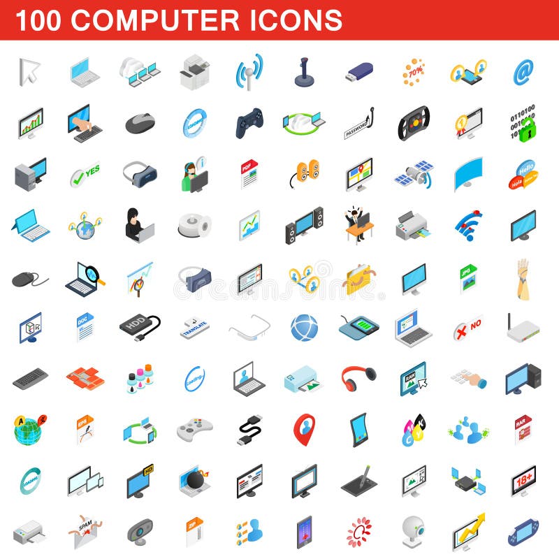100 Computer Icons Set, Isometric 3d Style Stock Illustration ...