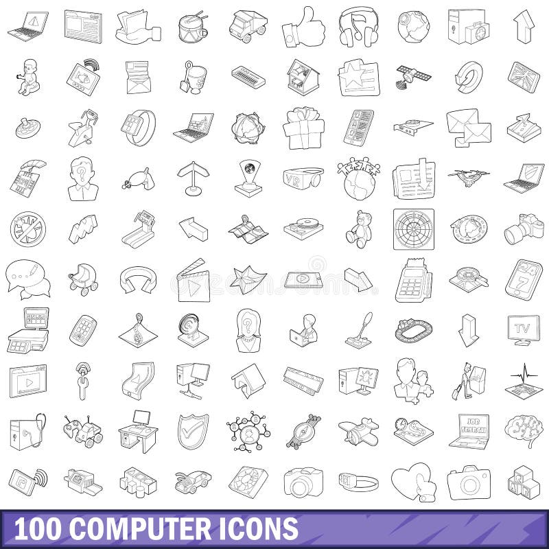 100 Computer Icons Set, Outline Style Stock Vector - Illustration of ...