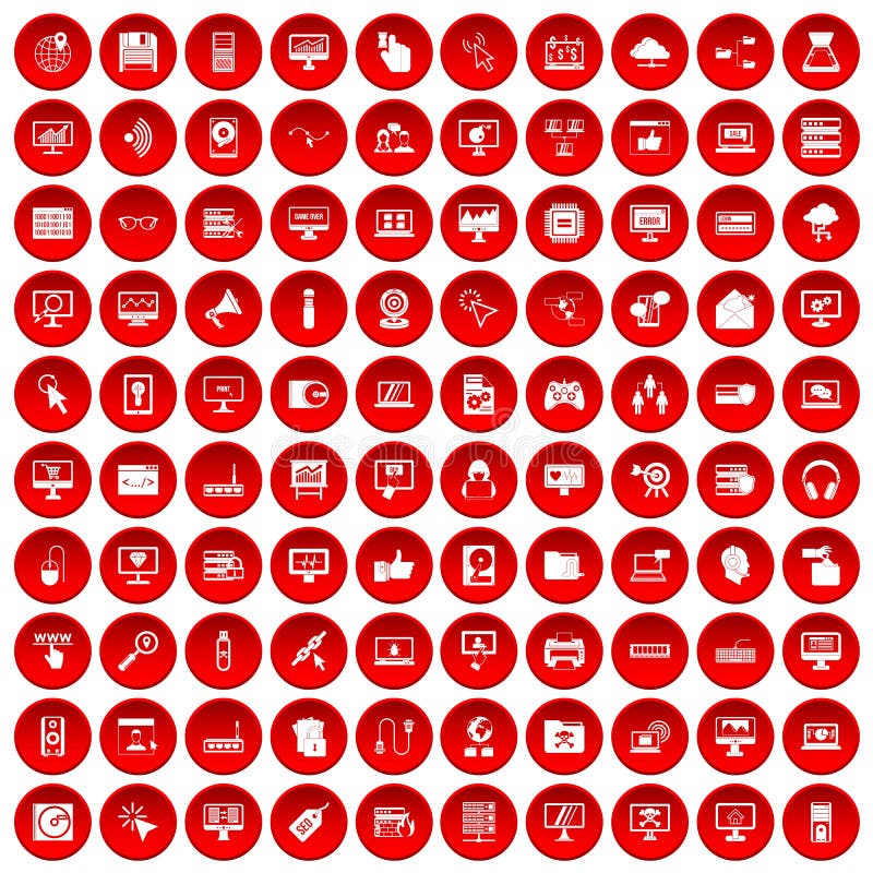 100 computer icons set red stock vector. Illustration of computer ...