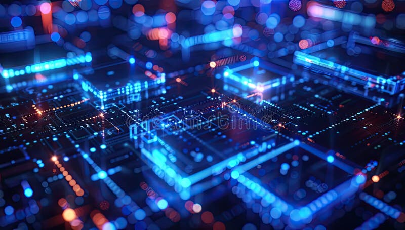 Computer Image of Glowing Blue and Orange Circuit Board Stock ...