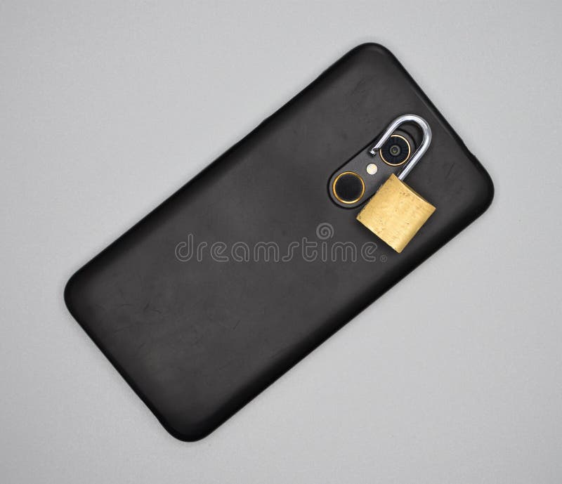 Mobile with Open Padlock Around the Photo Camera. Stock Image - Image ...