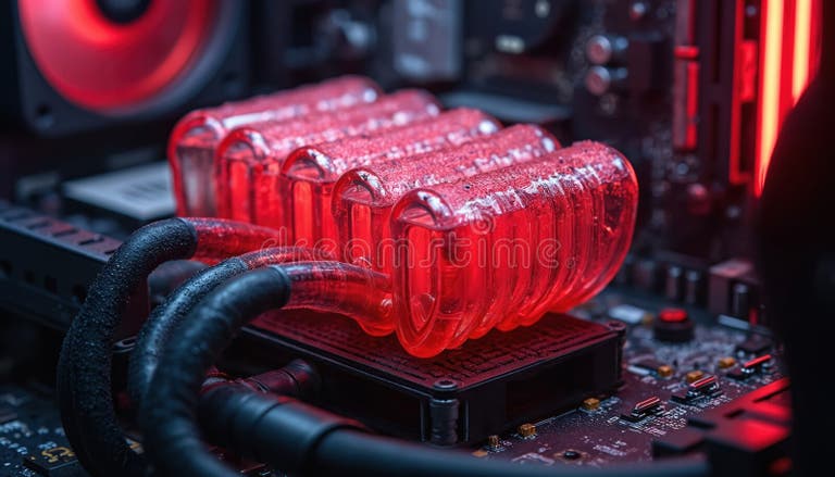 Computer Internal Cooling System with Red Liquid Flowing through ...