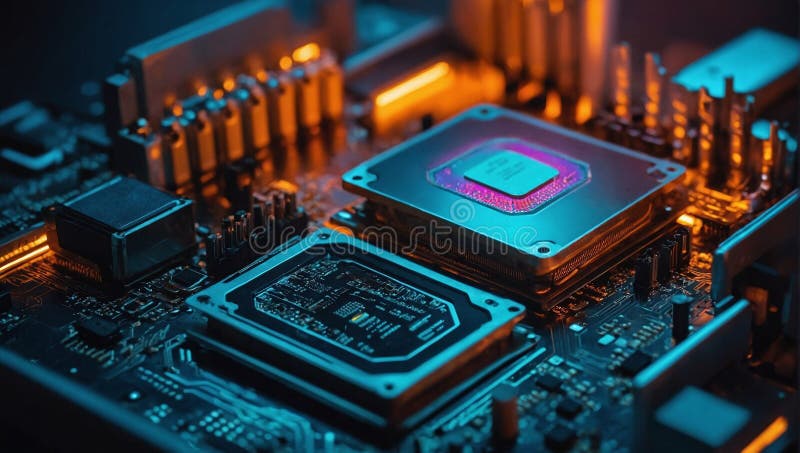 Computer Hardware with Processor, Memory Disk Illuminated by Light ...