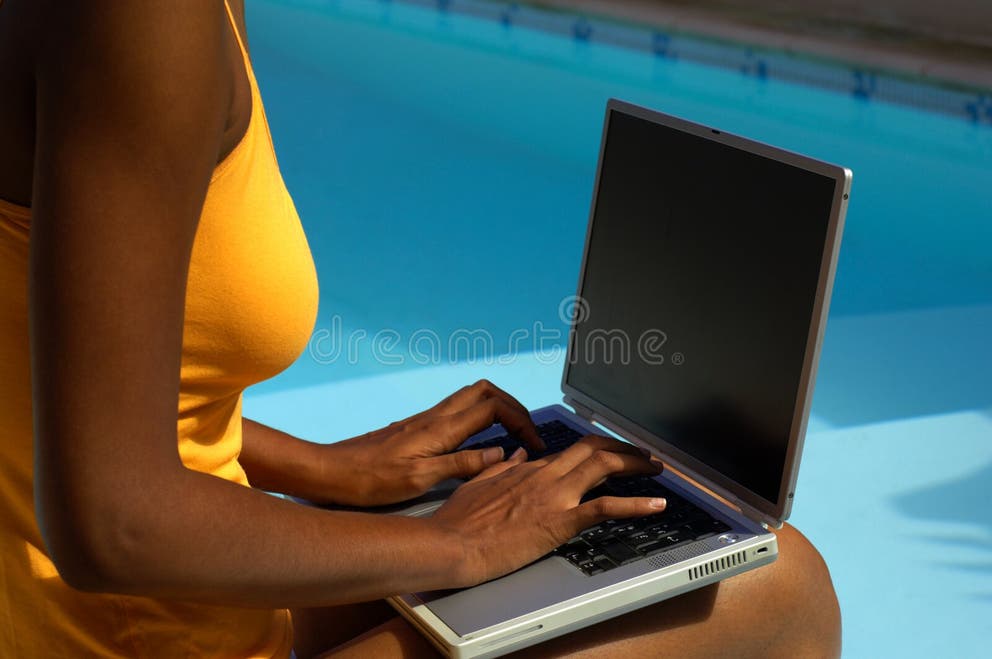 Computer job at pool 2 stock image. Image of brown, shirt - 1646135