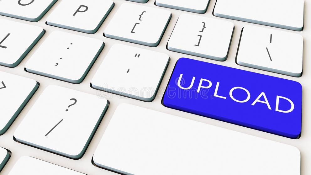 Close-up Shot of Computer Keyboard and Blue Upload Key. Conceptual 3D ...