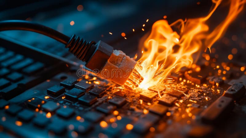 A Computer Keyboard with a Burning Cable Plugged into it Stock Image ...
