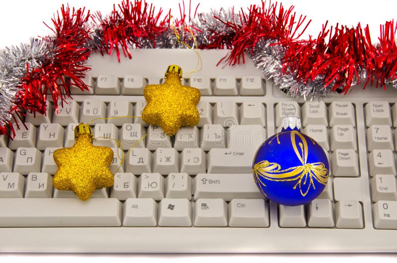 Computer Keyboard with Christmas Toys on White Stock Photo - Image of ...