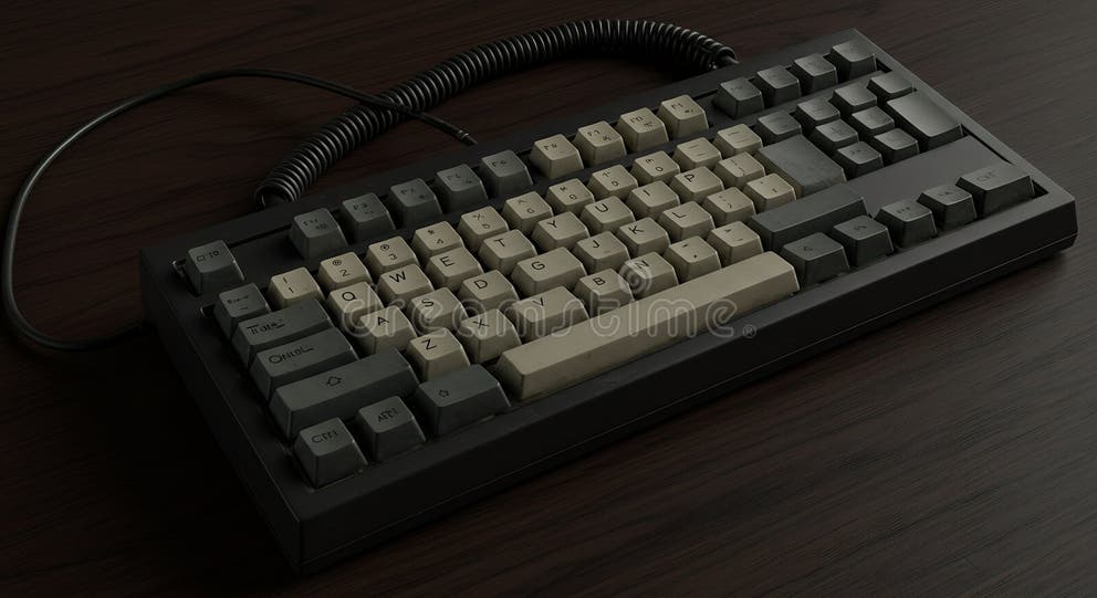 Computer Keyboard on Dark Wooden Surface with Keys and Cord Stock ...