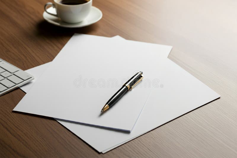 Computer Keyboard, White Papers, Pen and a Cup of Coffee on the Table ...