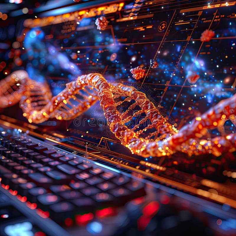 A Computer Keyboard Displaying a DNA Structure on the Screen Stock ...