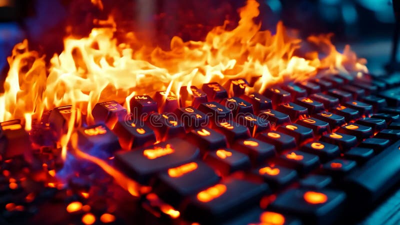 A Computer Keyboard on Fire with a Blue Background Stock Video - Video ...