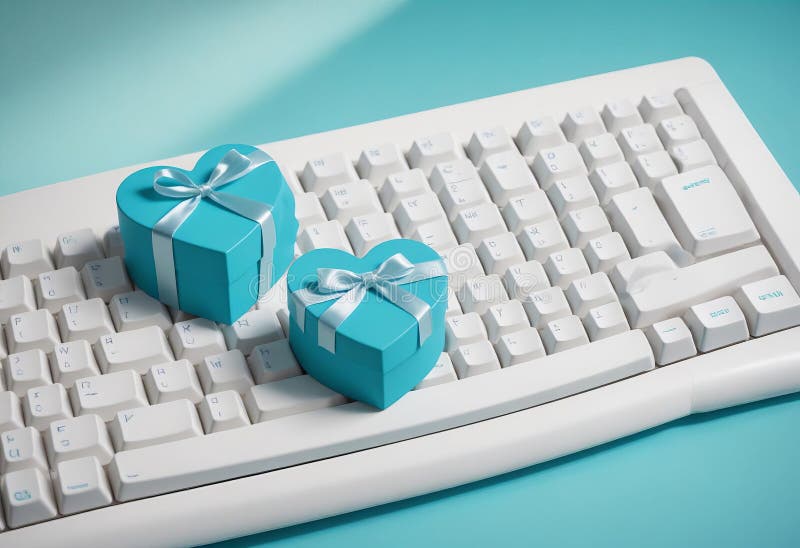 Computer Keyboard Gift Box Hearts on Blue Background Stock Illustration ...