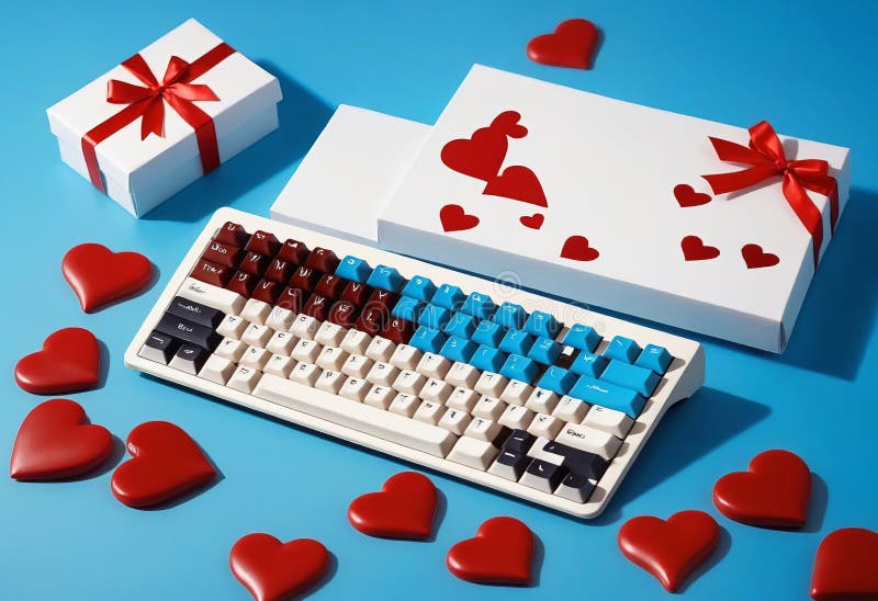 Computer Keyboard Gift Box Hearts on Blue Background Stock Illustration ...