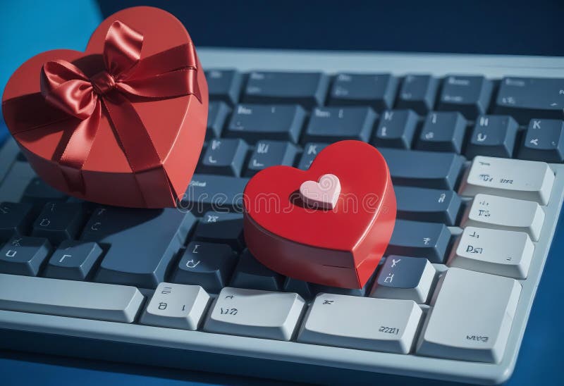 Computer Keyboard Gift Box Hearts on Blue Background Stock Illustration ...