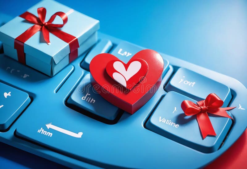Computer Keyboard Gift Box Hearts on Blue Background Stock Illustration ...