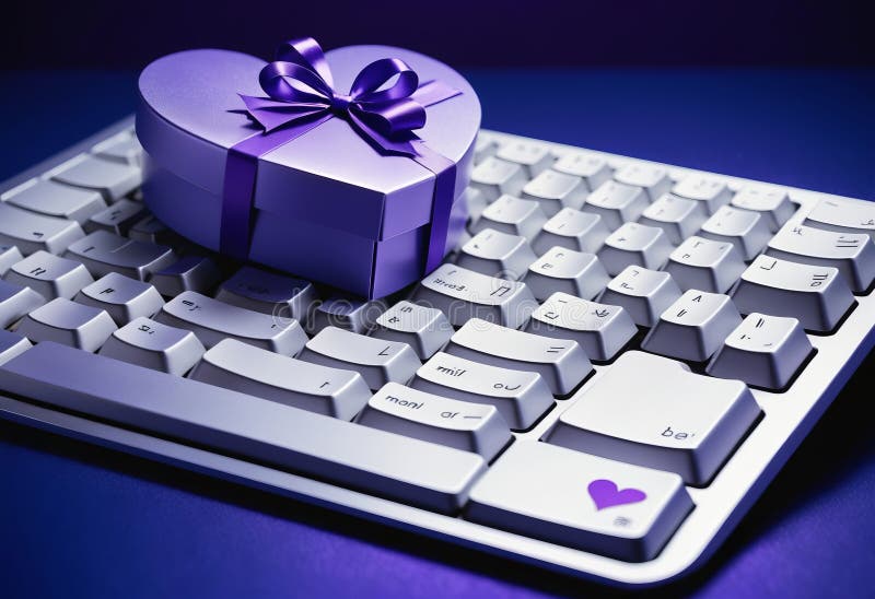 Computer Keyboard Gift Box Hearts on Blue Background Stock Illustration ...